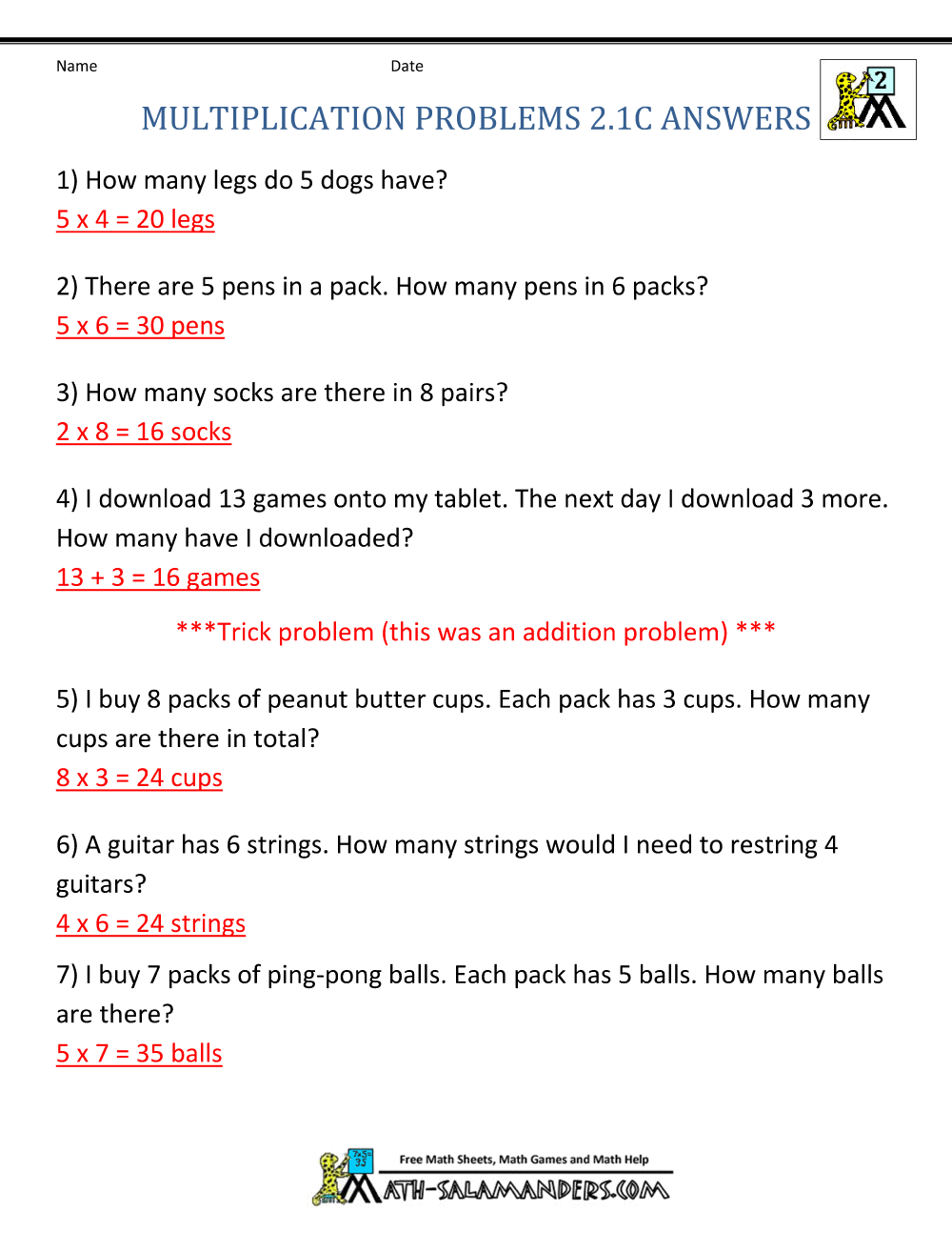 Multiplication Word Problem Area 2nd Grade