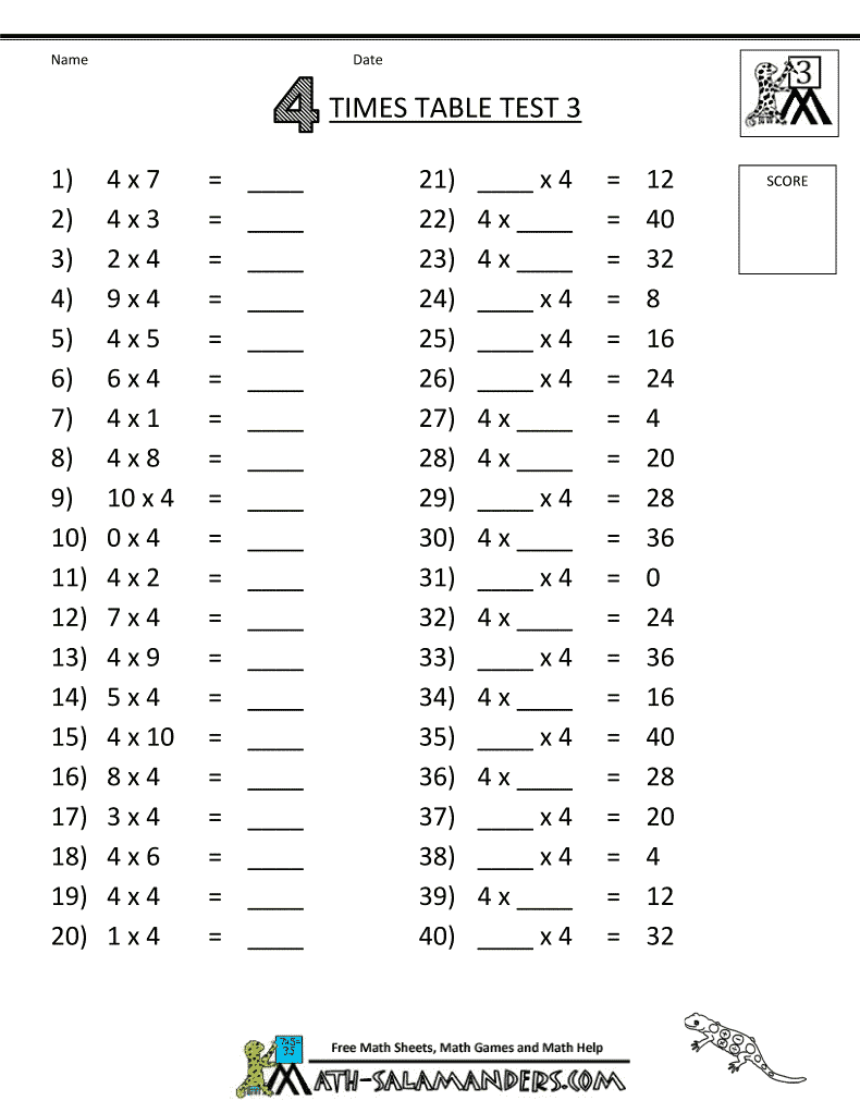 Multiplication Drill Sheets 4 Times Table Test 3