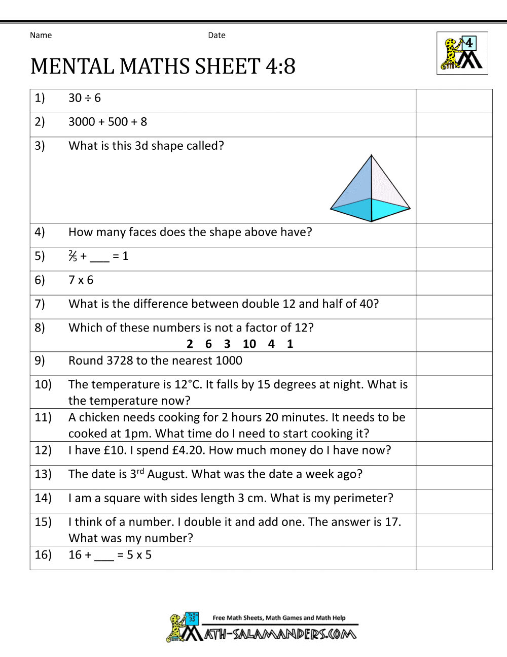 Mental Maths Test Year 4 Worksheets